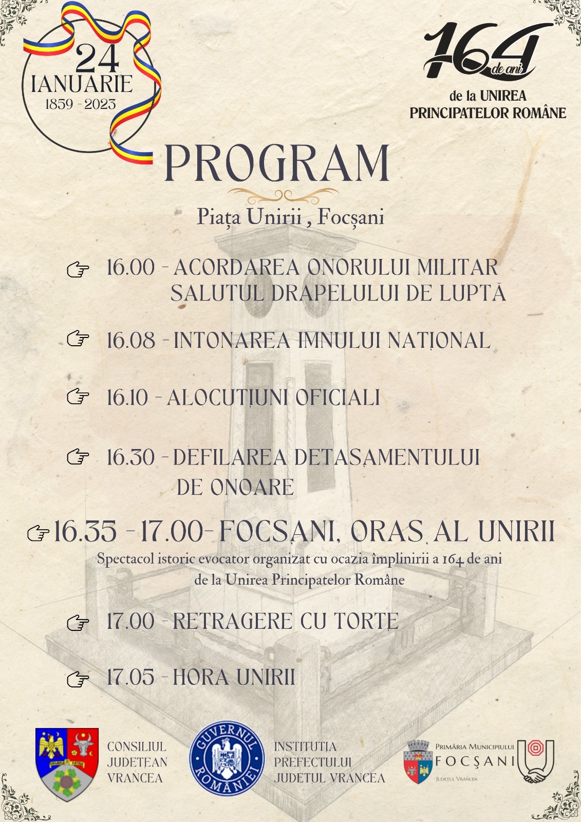 Programul manifestărilor dedicate celebrării a 164 de ani de la Unirea Principatelor Române ...
